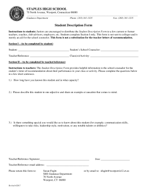 Fillable Online shs westport k12 ct student description form - Staples ...