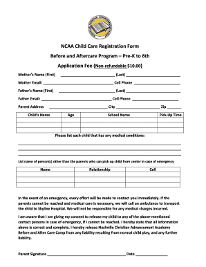Fillable Online NCAA Child Care Registration Form Before and Aftercare ...