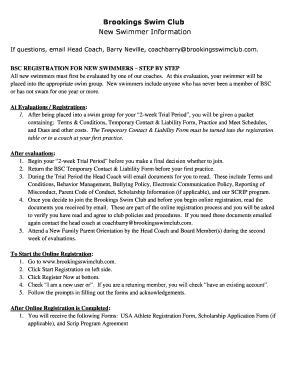 Fillable Online New Swimmer Information - Brookings Swim Club Fax Email Print - pdfFiller
