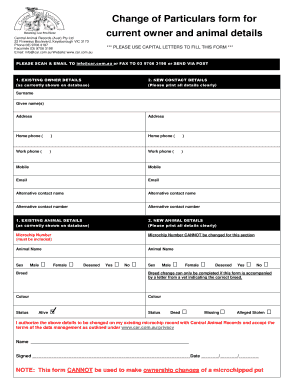 Fillable Online Change of Particulars form for current owner and animal details Fax Email Print ...