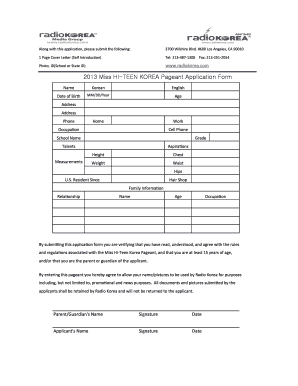 Fillable Online 2013 Miss HI-TEEN KOREA Pageant Application Form Fax ...