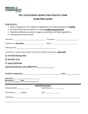 Fillable Online 2017-2018 FEDERAL WORK-STUDY REQUEST FORM Fax Email ...