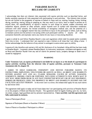Fillable Online Paradise Ranch Release of Liability Fax Email Print ...