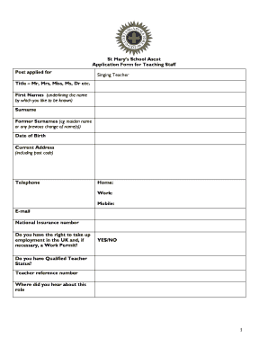 Fillable Online Application form Singing Teacher - St Mary's School ...
