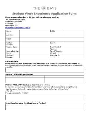 Fillable Online Student Work Experience Application Form - The Bays ...