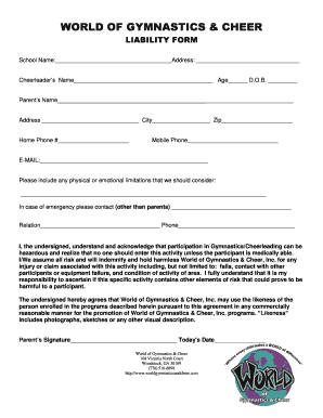 Fillable Online School Cheer Waiver - World of Gymnastics and Cheer Fax ...
