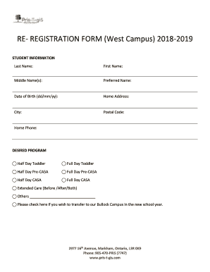Fillable Online RE- REGISTRATION FORM (West Campus) 2018-2019 Fax Email ...