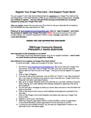 Fillable Online Register Your Kroger Plus Card And Support Turpin Band ...