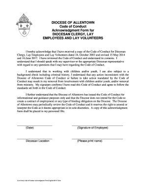 Fillable Online Code of Conduct Acknowledgment Form - Diocese of ...