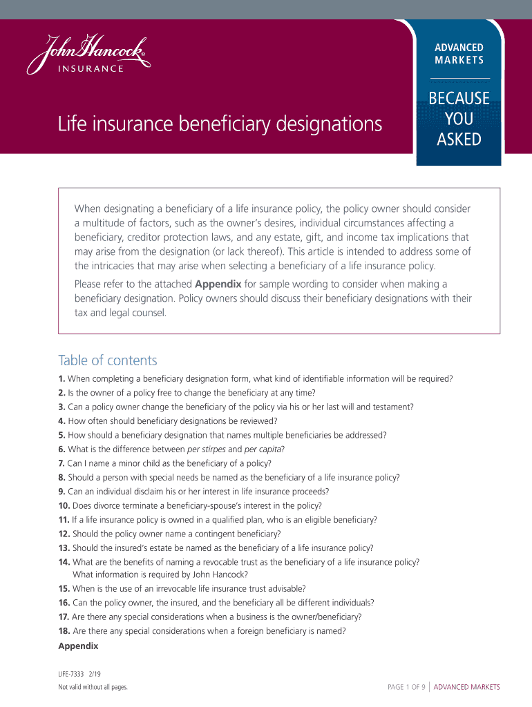 Fillable Online Life insurance beneficiary designations - John Hancock ...