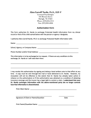 Fillable Online Abra Carroll Nardo, Ph.D., HSP-P Authorization Form Fax ...
