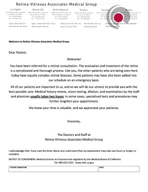 Fillable Online New Patient Packet - Retina Vitreous Associates Medical ...