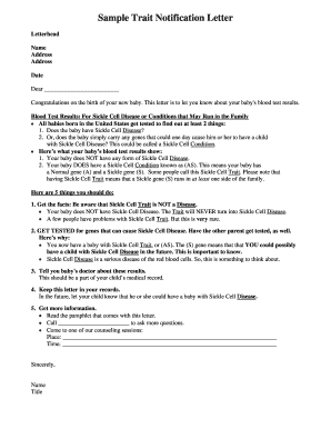 Fillable Online Sample Trait Notification Letter - Sickle Cell Disease Fax Email Print - pdfFiller