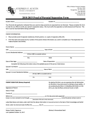 Fillable Online 2018-2019 Proof of Parental Separation Form Fax Email ...