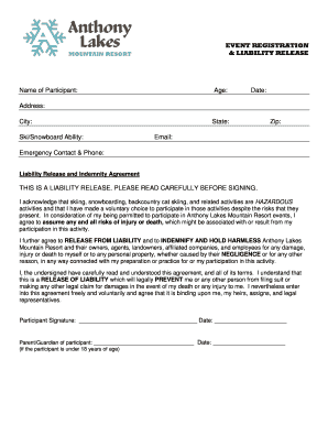 Fillable Online Anthony Lakes Event Liability Release Form Fax Email ...