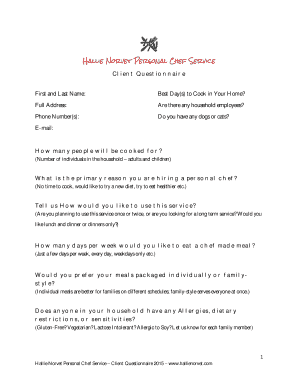 Fillable Online Hallie Norvet Personal Chef Service Client ...