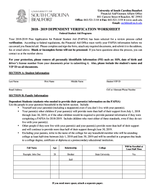 Fillable Online 2018 2019 DEPENDENT VERIFICATION WORKSHEET Fax Email Print - pdfFiller