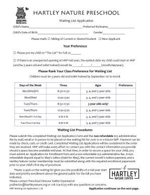 Fillable Online Waiting List Application - Hartley Nature Preschool Fax ...