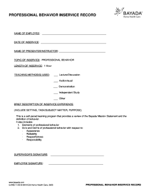 Fillable Online professional behavior inservice record - Gardenia ...
