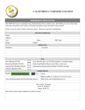 Fillable Online Membership Form - California Cornish Cousins Fax Email ...