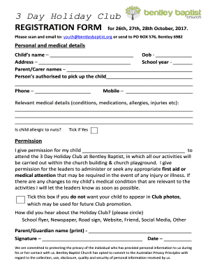 Fillable Online 3 Day Holiday Club REGISTRATION FORM - Bentley Baptist ...