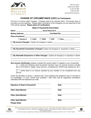 Fillable Online CHANGE OF CIRCUMSTANCE (COC) for Participants Head of ...
