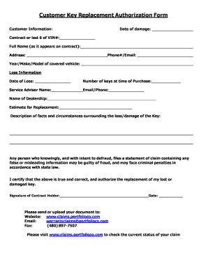 Fillable Online Customer Key Replacement Authorization Form Fax Email ...