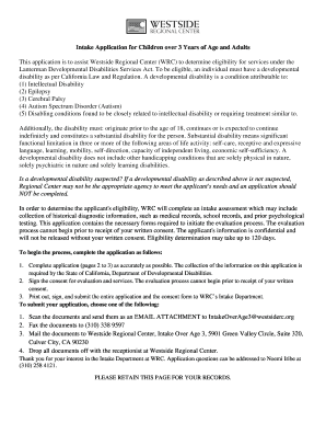 Fillable Online Westside Regional Center Intake Application Form Fax ...