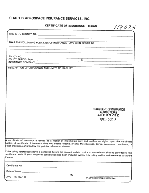 Fillable Online Chartis Certificate of Insurance Texas Fax Email Print - pdfFiller