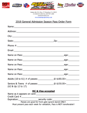 Fillable Online 2018 General Admission Season Pass Order Form Fax Email ...