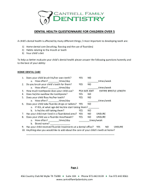 Fillable Online DENTAL HEALTH QUESTIONNAIRE FOR CHILDREN Fax Email ...