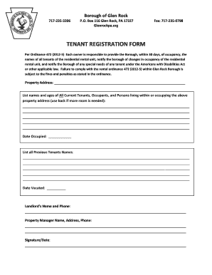Fillable Online TENANT REGISTRATION FORM - Glen Rock Borough Fax Email ...