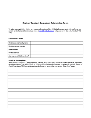 Fillable Online Code of Conduct Complaint Submission Form Fax Email Print - pdfFiller