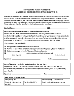 Fillable Online Self Carry Medication Form - Sharon Springs Central ...