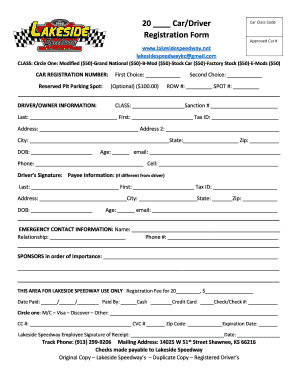 Fillable Online Car Class Code Registration Form - Lakeside Speedway ...