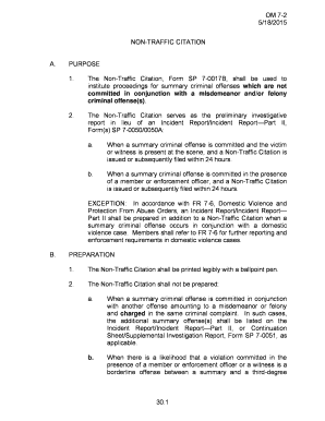 Fillable Online OM 7-2 5/18/2015 30.1 NON-TRAFFIC CITATION A. PURPOSE 1 ...