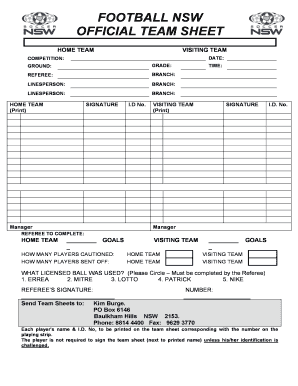 Fillable Online Team Sheet Official Football NSW.doc Fax Email Print ...