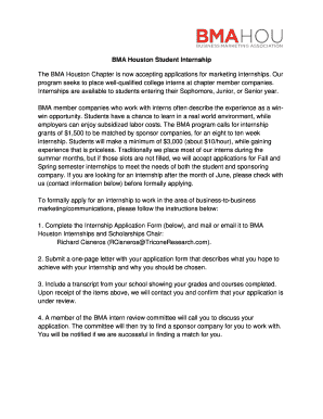 Fillable Online BMA Houston Student Internship Application Form Fax ...