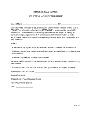 Fillable Online Off-Campus Lunch Permission Slip - Memorial Hall School ...