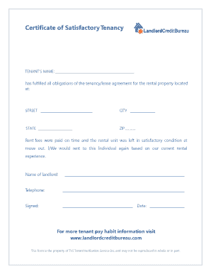 Fillable Online Certificate of Satisfactory Tenancy - Tenant ...