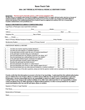 Fillable Online 2016- 2017 PHYSICAL FITNESS & MEDICAL HISTORY FORM Fax ...