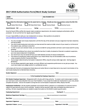 Fillable Online 2017-2018 Authorization Form/Work Study Contract Fax ...
