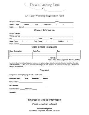 Fillable Online Art Class/Workshop Registration Form - Dove's Landing ...