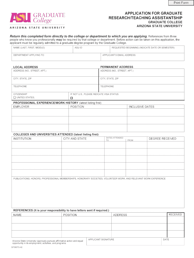 Fillable Online music asu Application for graduate research/teaching ...