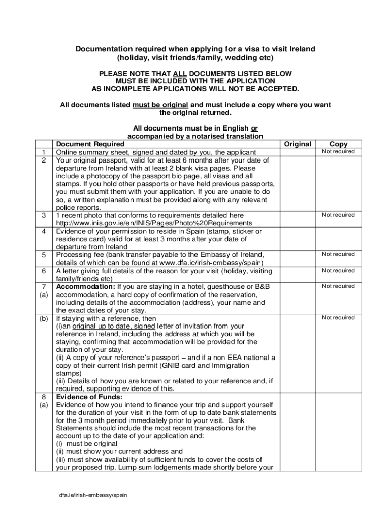 Fillable Online Documentation required when bapplyingb for a bvisab to bvisitb Ireland Fax Email ...