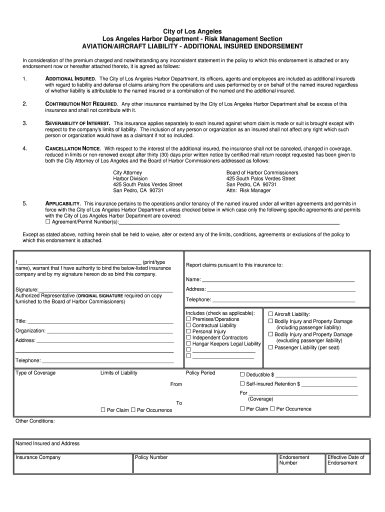 Fillable Online portoflosangeles AVIATIONAIRCRAFT LIABILITY ADDITIONAL ...