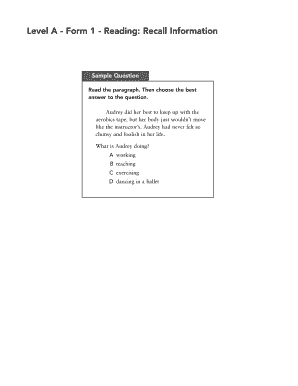Fillable Online myprojectlearn Level A - Form 1 - Reading: Recall ...