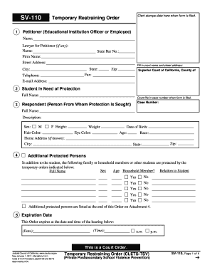 Fillable Online SV-110* Temporary Restraining Order (CLETS-TSV ...