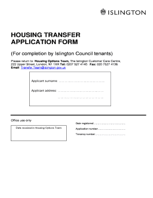 Fillable Online HOUSING TRANSFER APPLICATION FORM - Islington Council ...