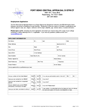 Fillable Online fbcad Application for Employment - Fort Bend Central ...